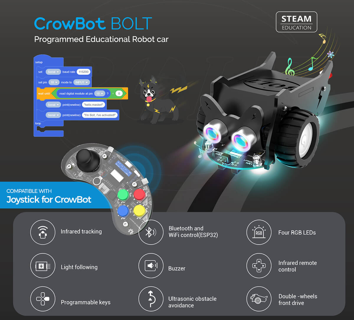 CrowBot Bolt-Programmable Smart Robot Car STEAM Robot Kit