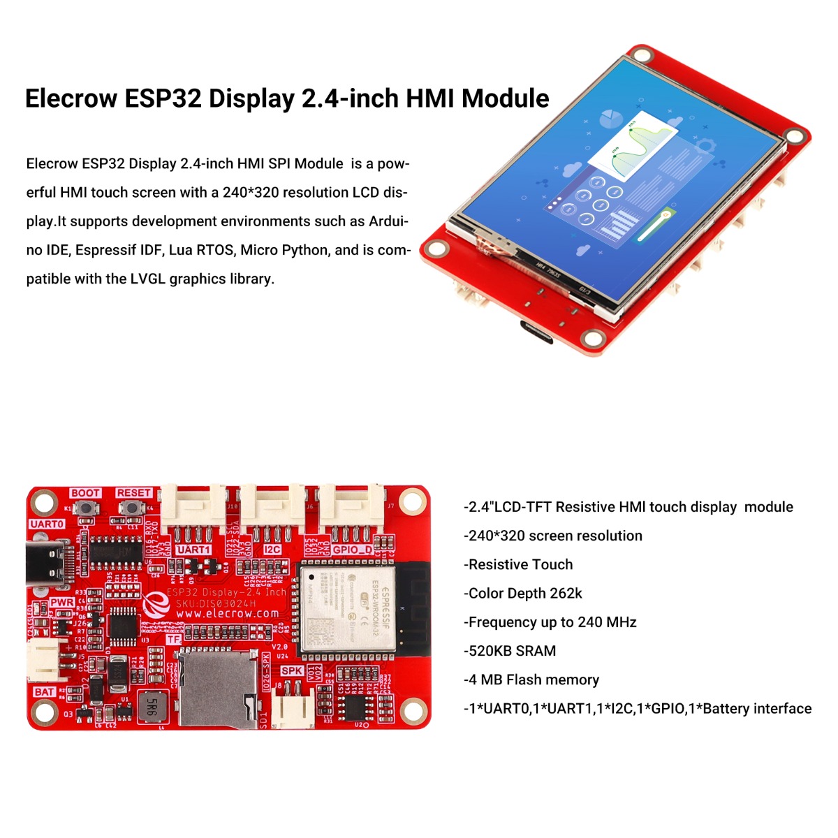 ESP32 display-2.4 Inch HMI Display 240x320 SPI TFT LCD Touch Screen Compatible with Arduino/LVGL